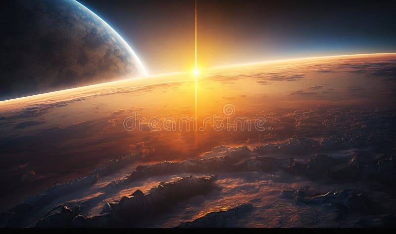 A View of the Sun Rising Over the Horizon of a Planet Stock ...