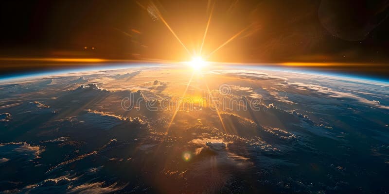 View of Sun Rising Over Planet from Orbit Outer Space Scenery. Concept ...