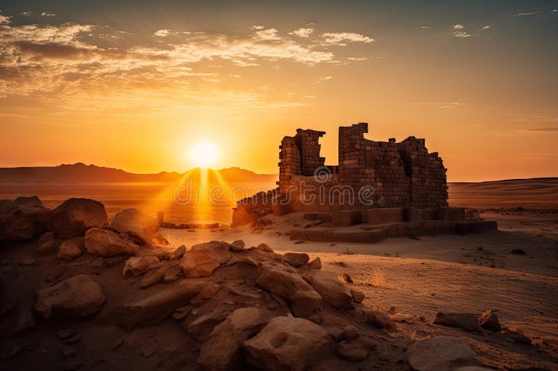 A View of the Sun Setting Behind Ancient Ruins, with a Desert Landscape ...
