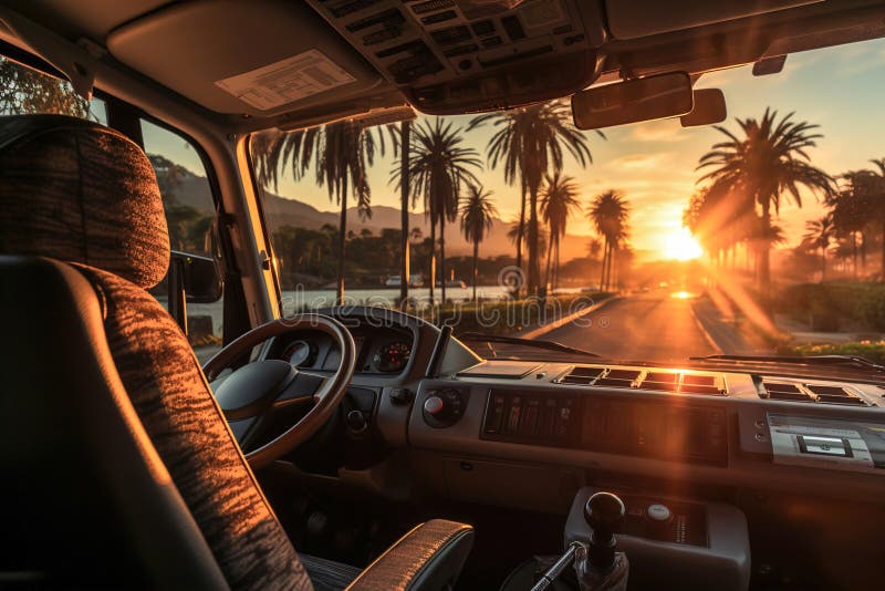 A View of the Sun Setting from Inside a Vehicle. Sunshine and Palm ...