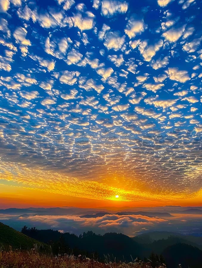 A View of the Sun Setting Over the Clouds from the Top of a Hill Stock ...