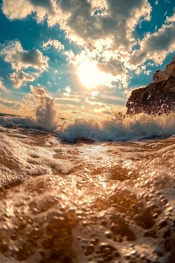 A View of the Sun Setting Over the Ocean with Waves Crashing on the ...