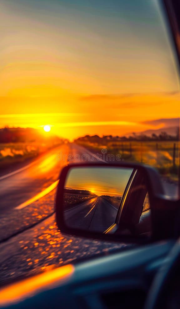 A View of the Sun Setting through the Side View Mirror of a Car Stock ...