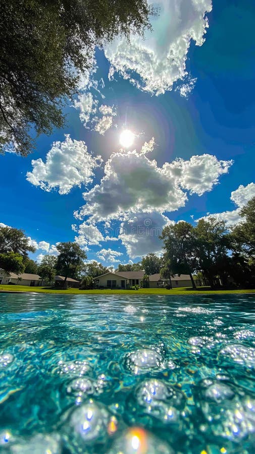 A View of the Sun Shining through the Clouds Over a Swimming Pool Stock ...