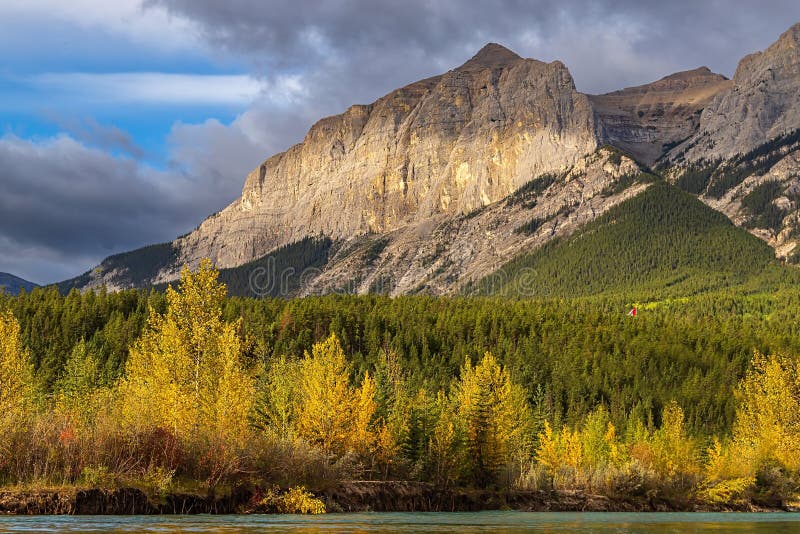 Sunlit Canmore Mountains in the Fall Stock Photo - Image of foliage ...