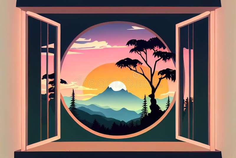 View of the Sunrise Over the Mountains from the Window Illustration ...