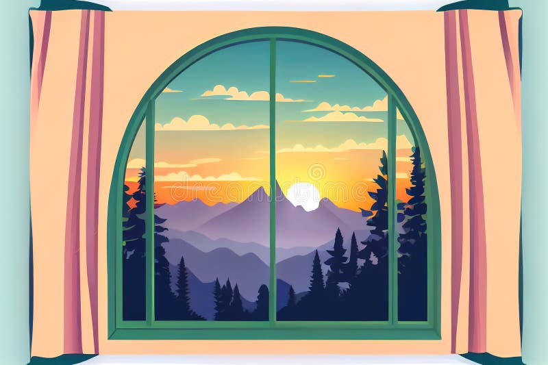 View of the Sunrise Over the Mountains from the Window Illustration ...
