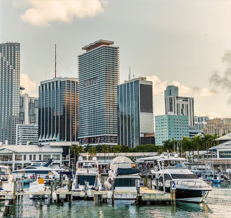 A View at Sunset Across the Harbour with a Backdrop of Downtown Miami ...