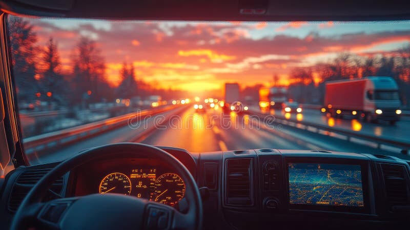 View of the Sunset from Inside an RV on the Open Road, with Cozy String ...