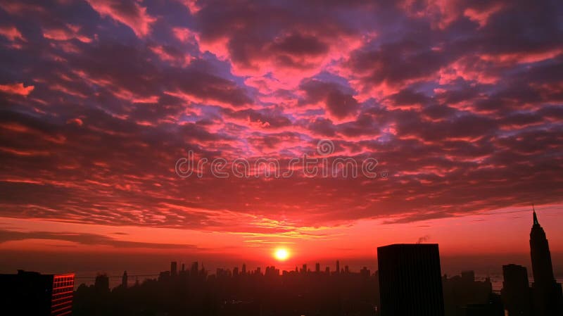 A View of a Sunset Over a City Skyline with the Sun Setting in the ...