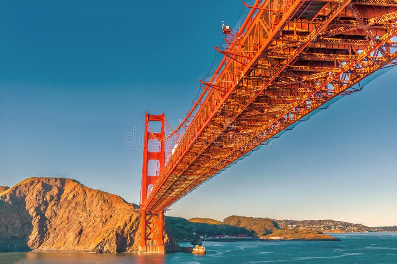 A View at Sunset Passing Under the Golden Gate Bridge in San Francisco ...