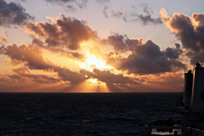 View of the Sunset from the Ship Underway and in the Port. Colorful ...