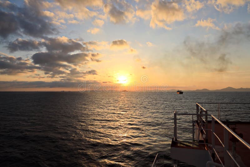 View of the Sunset from the Ship Underway and in the Port. Colorful ...