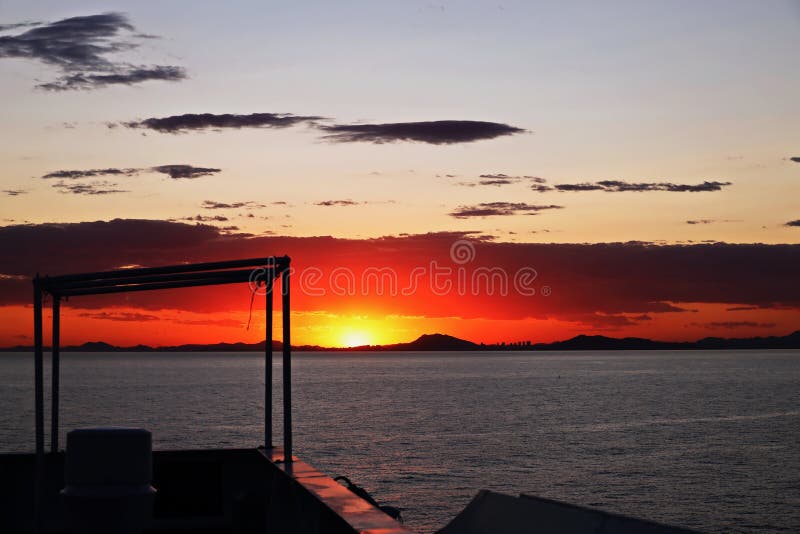 View of the Sunset from the Ship Underway and in the Port. Colorful ...