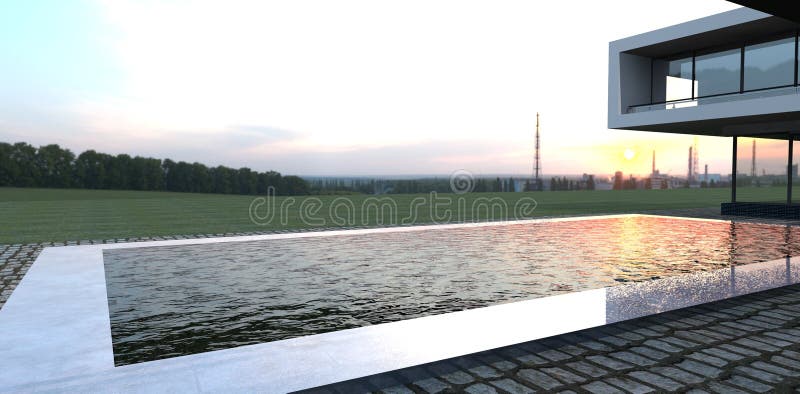 View on Sunset from the Yard of High Tech Villa. 3d Render. Stock ...