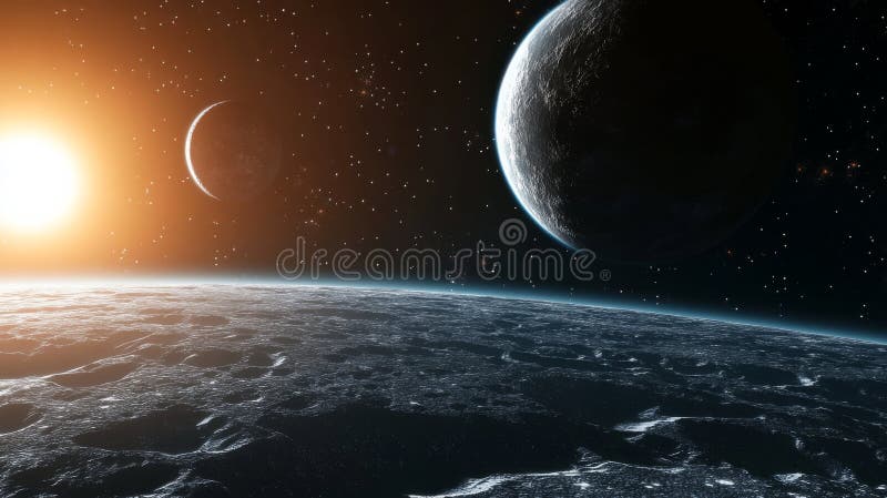 Alien Planet Surface with Sun and Planets Rising on the Horizon Stock ...