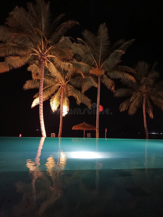 View of the Swimming Pool by the Beach at Night Stock Image - Image of ...