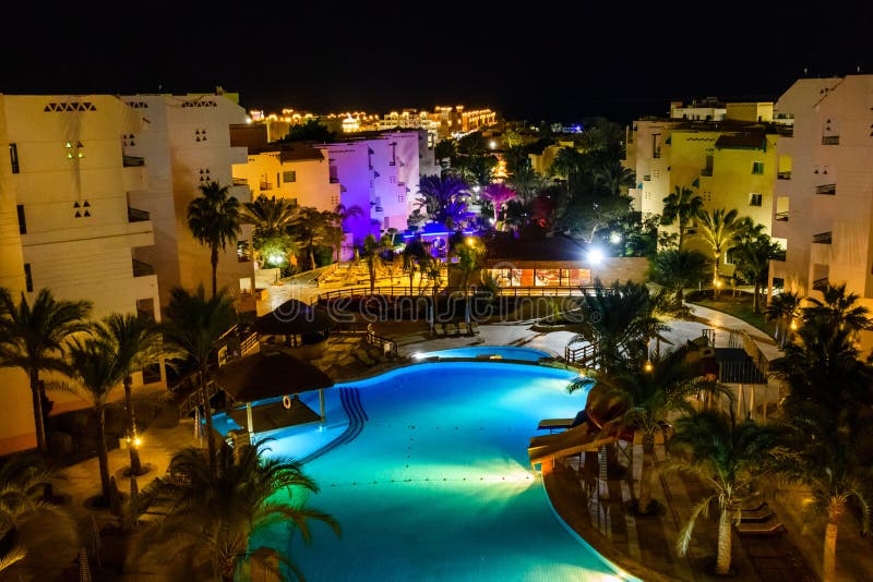 View on a Swimming Pool in Hotel Resort at Night Stock Image - Image of ...