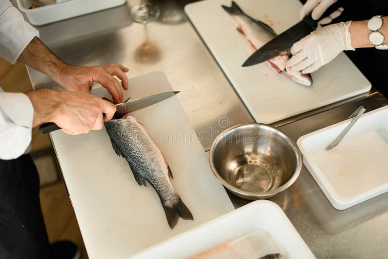 View of the Table on Which the Hands of the Chefs Cut the Fish Stock ...