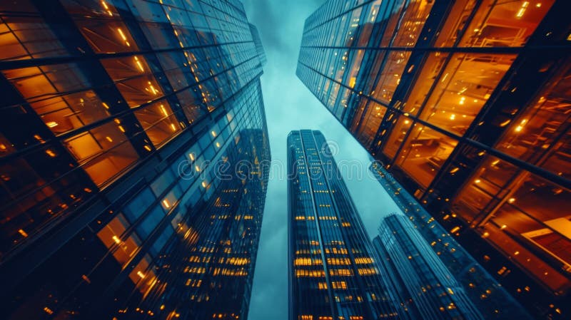 A View of a Tall Building with Lights Shining Down on it, AI Stock ...