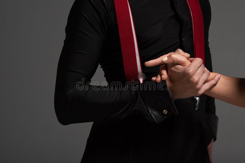View of Tango Dancer Holding Hand of Partner Isolated on Grey Stock ...