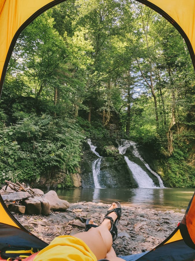 View from Tent To the Waterfall Stock Photo - Image of nature, camping ...