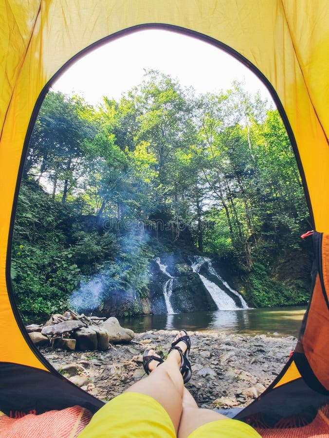 View from Tent To the Waterfall Stock Photo - Image of view, stream ...