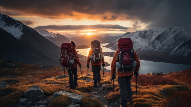 View of Three Backpackers Walking Up the Mountain in Beautiful Remote ...