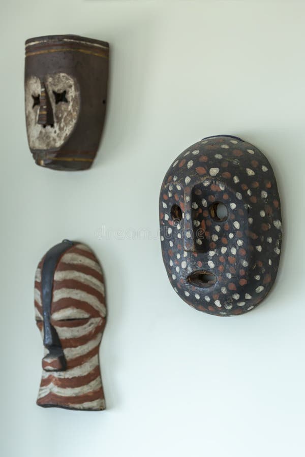 View of Three Decorative Wooden Masks, Molded and Hand Painted, on the ...