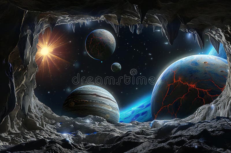 A View of Three Planets from Earth, with the Sun Visible in Space. the ...