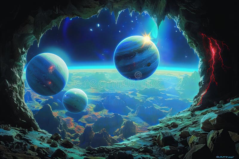 A View of Three Planets from Earth, with the Sun Visible in Space. the ...