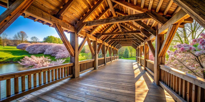 View of Timber Framing and Blooming Trees from a Covered Bridge Walkway ...