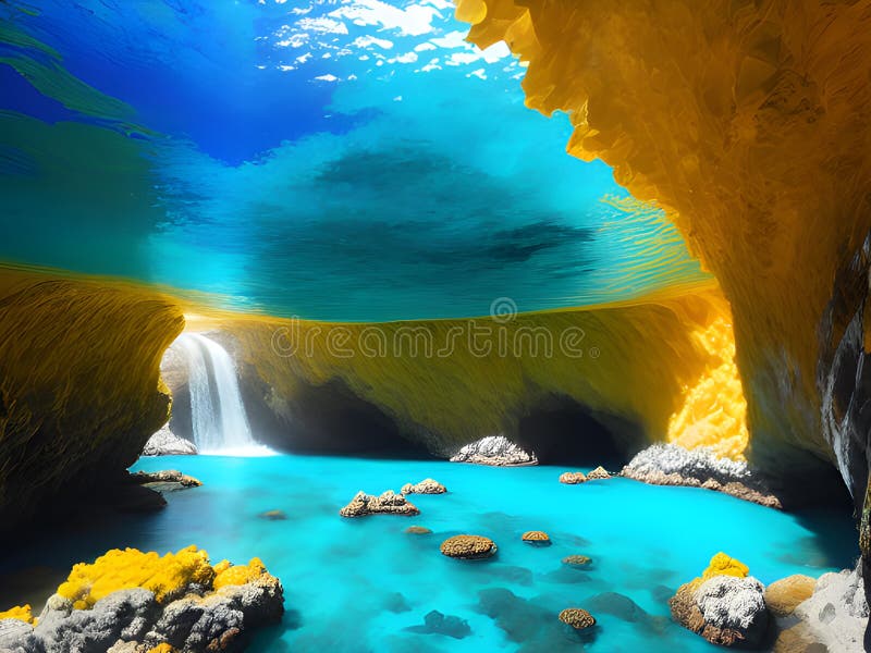 View To Beautiful Waterfall in the Mountains with Gold and Blue Light ...