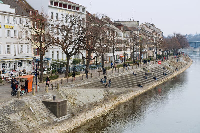 View To the Riverside of Rhine River in Basel, Switzerland. Editorial ...