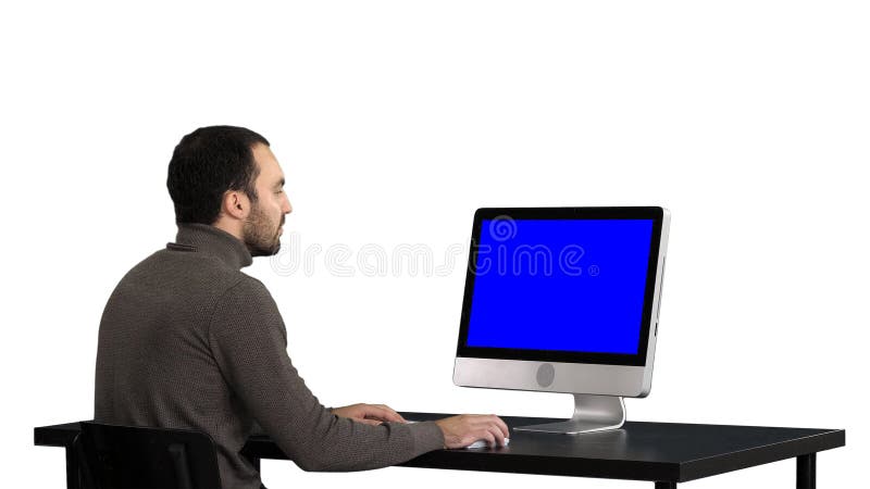 Man Typing on the Computer, White Background. Blue Screen Mock-up ...