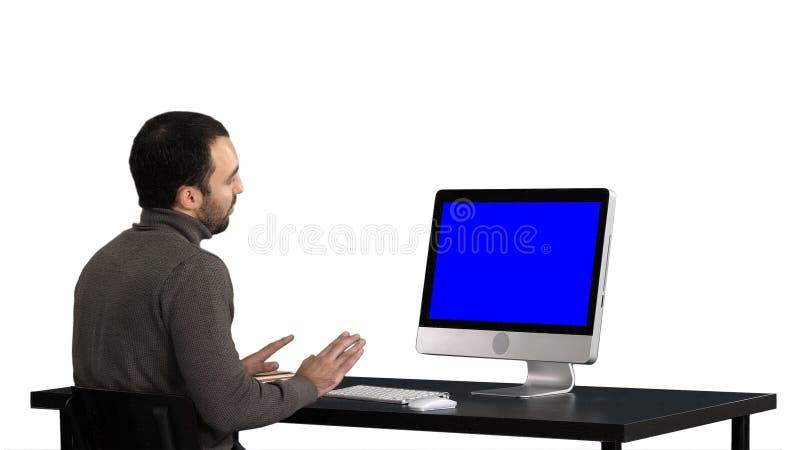 Young Business Man Making Video Call on His Computer, White Back Stock ...