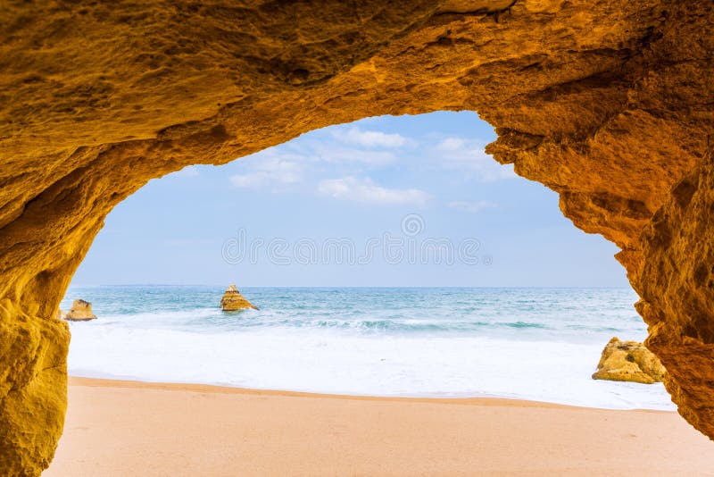 View To the Sea Beach from Inside a Cave Stock Image - Image of ocean ...