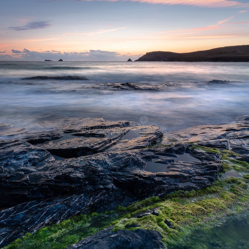 View To Trevose Head at Sunset, Constantine Bay, Cornwall Stock Photo ...