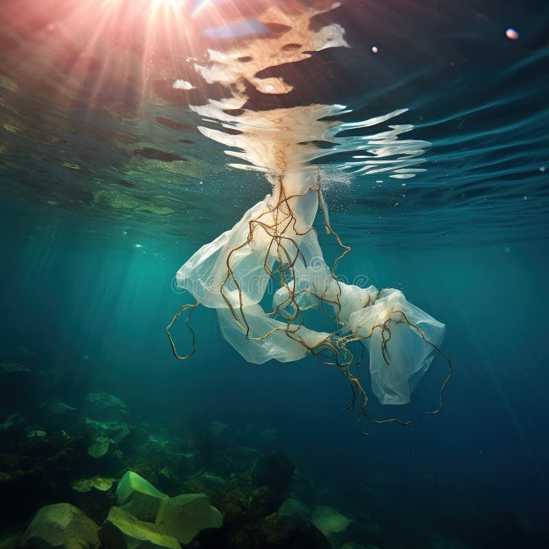 View To Underwater Polluted Ocean with Plastic Pieces, Pollution ...