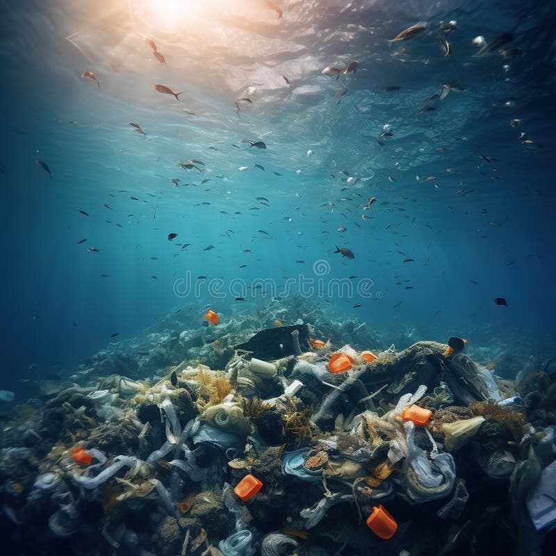 View To Underwater Polluted Ocean with Plastic Pieces, Pollution ...