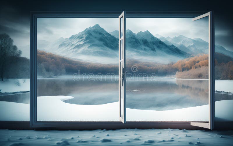View To the Window on Winter Landscape. Generative Al Illustration ...