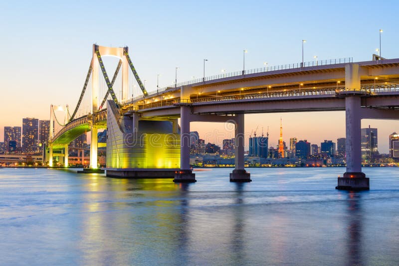 View of Tokyo Bay and Rainbow Bridge at Evening Stock Image - Image of ...