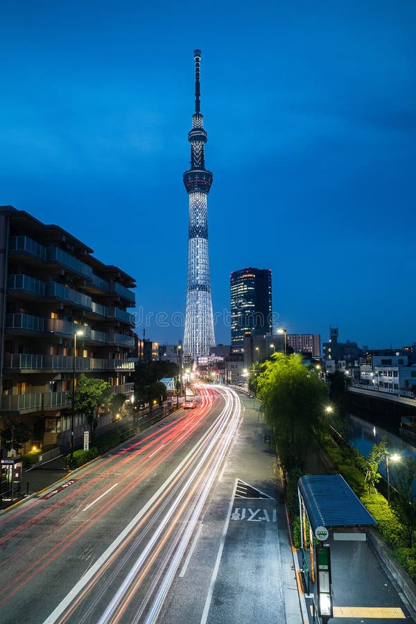 View of Tokyo Skytree Tower with Light Trail. Blue Hour. Portrait ...