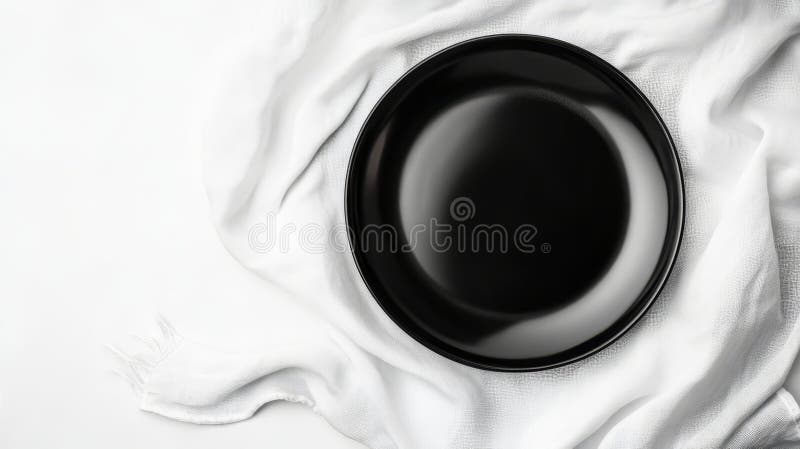 View from Top Down of Black Plate and Cloth Napkin on Bright Surface ...