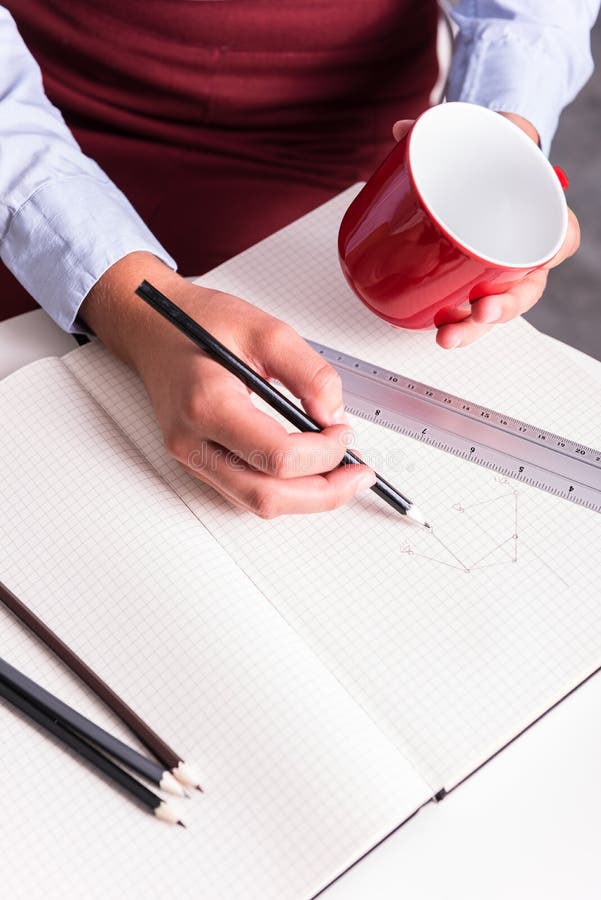 View from the Top - an Female Engineer Drawing Stock Photo - Image of ...
