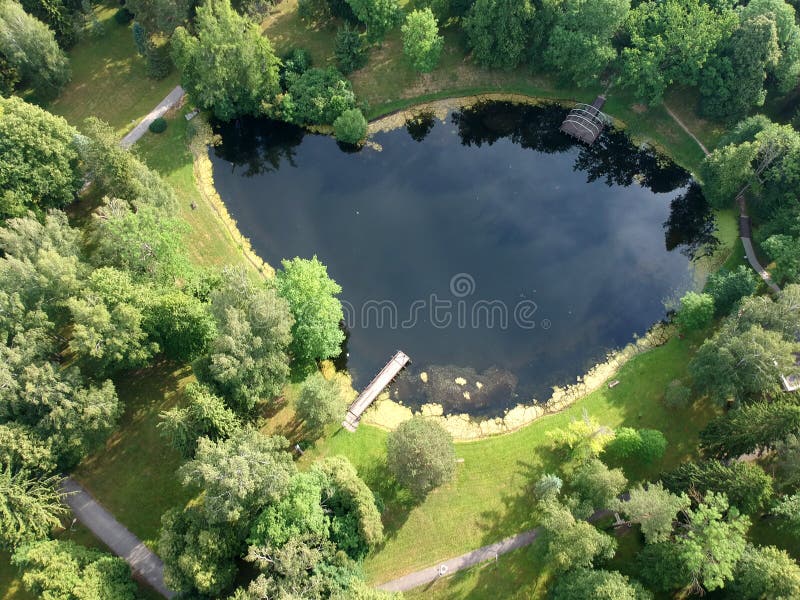 View from Top of Pond and Pier in Nature Park, Aerial Stock Image ...