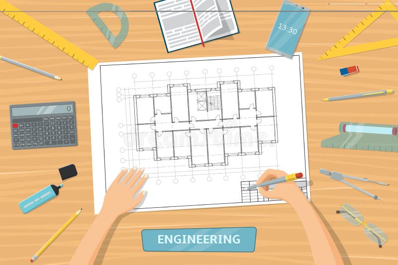 View from the Top of Table with Tools for Drawing Stock Vector ...