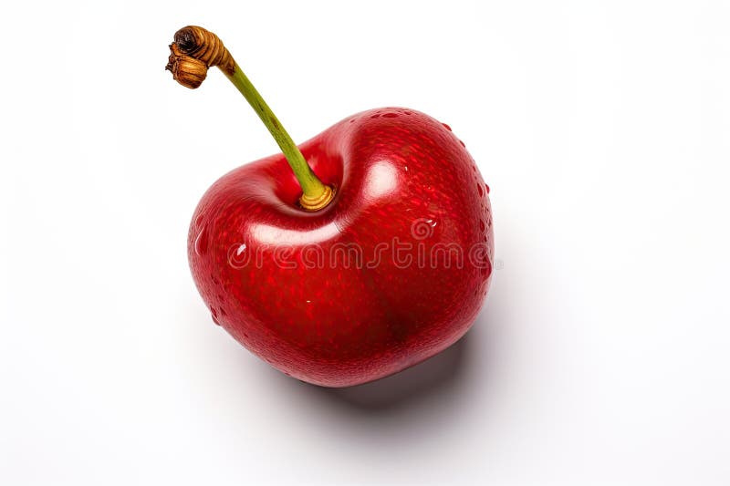 Solitary Red Cherry with Stem on White Background from Above Stock ...
