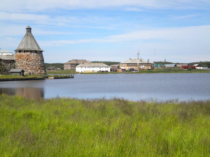 View of a Tower and Settlement Solovki. Solovetsky Islands Stock Image ...