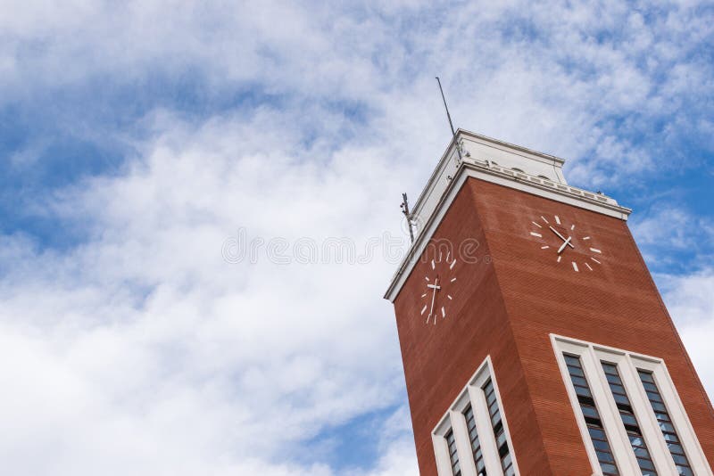 Red Brick Tower with Clock on Blue Sky and Clouds Editorial Image ...